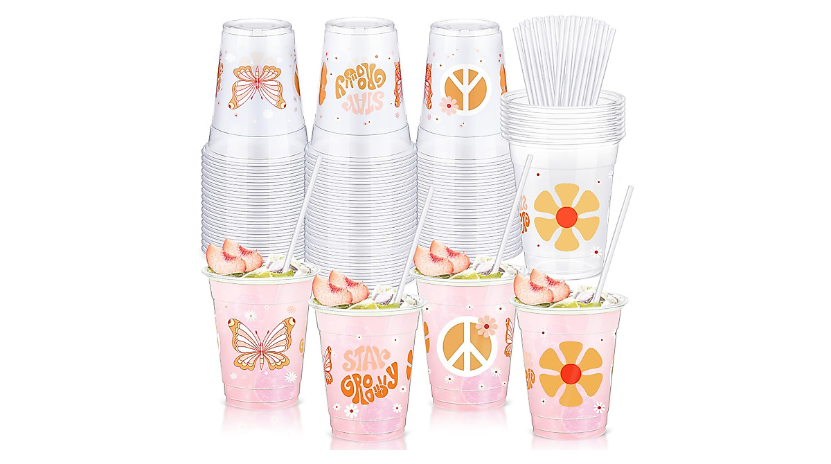 Sliner 50 Pcs Boho Plastic Cups with Straws - Party Essential