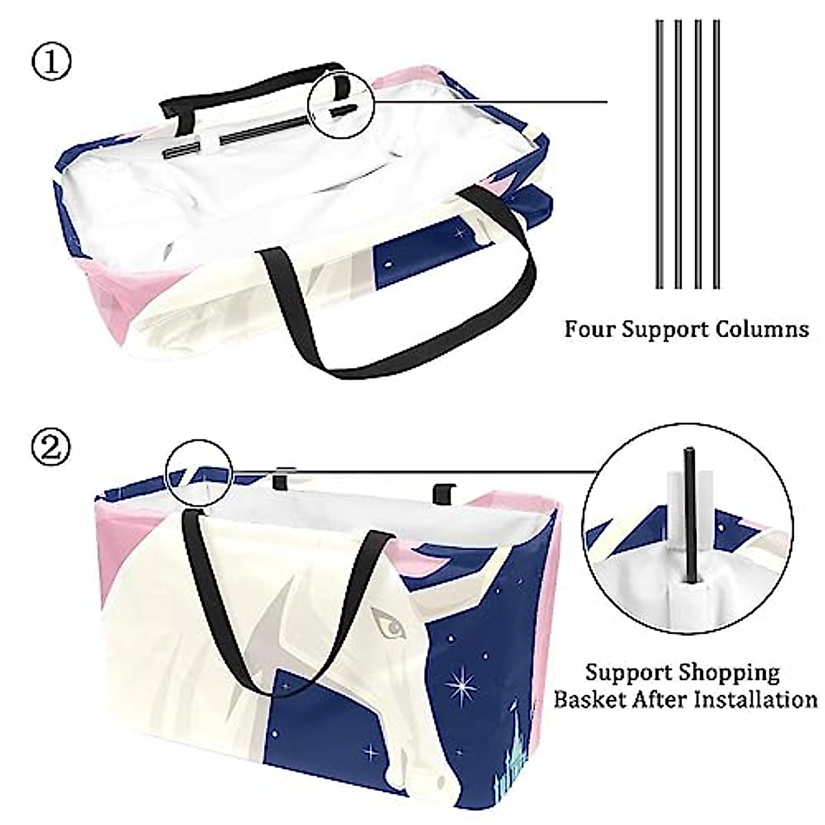 KQNZT Reusable Grocery Bags, Heavy Duty Reusable Shopping Bags, Large Tote Bags with Long Handles and Reinforced Bottom, Unicorn Cartoon Castle