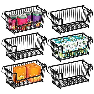 mDesign Stackable Metal Basket for Kitchen Storage - Wire Farmhouse Bin Basket w/Handles for Pantry - Stacking Wire Basket Organizer for Food, Drinks, Snacks - Hyde Collection, 6 Pack, Black