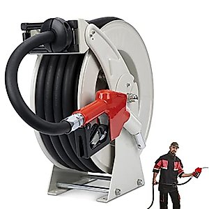 Fuel Hose Reel Retractable with Fueling Nozzle 3/4" x 50' Spring Driven Diesel Hose Reel 300 PSI Industrial Auto Swivel Heavy Duty Steel Construction Reel for Aircraft Ship Vehicle Tank