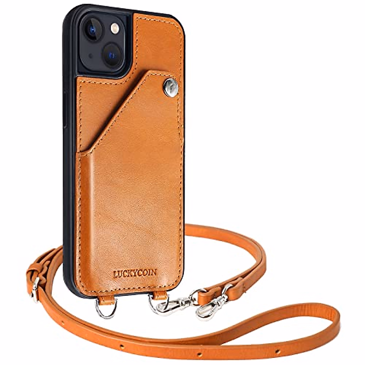LUCKYCOIN for iPhone 13 Crossbody Leather Case Genuine Leather Card Slot Holders Wallet Protective Case Adjustable Leather Strap Lanyard Compatible with 2021 New Apple iPhone 13 6.1 inch Brown