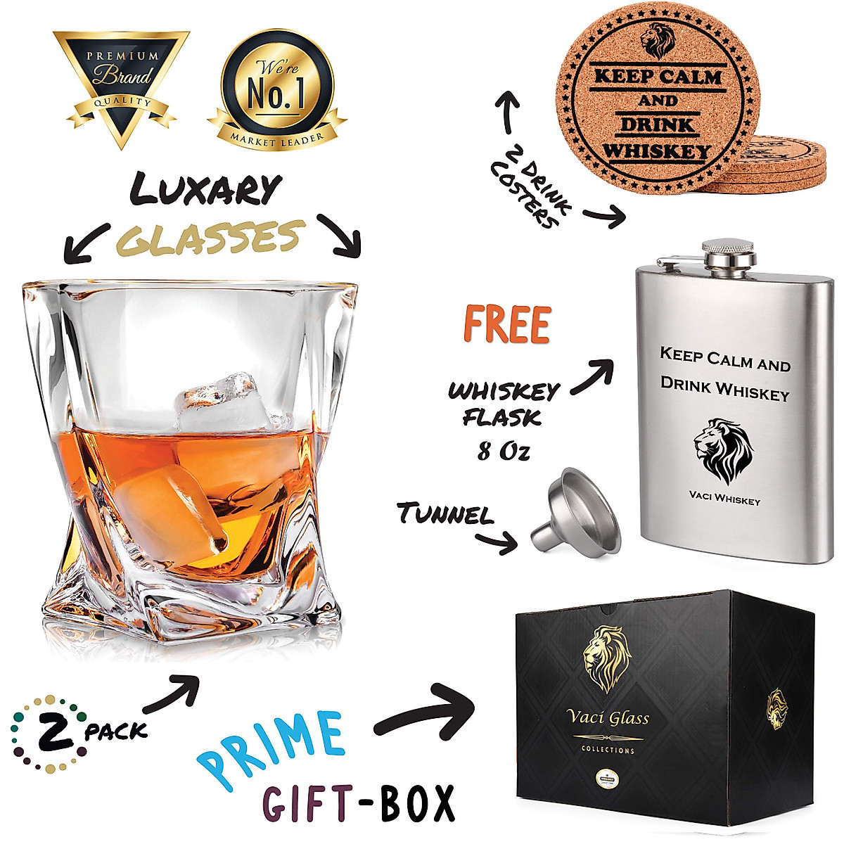 Vaci Crystal Whiskey Glasses – Set of 2 Bourbon Glasses, Tumblers for Drinking Scotch, Cognac, Irish Whisky, Large 10oz Premium Lead-Free with Stainless Steel Flasks, Cups, Luxury Gift Box