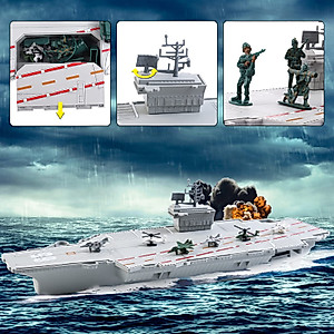deAO Aircraft Carrier Toy with Scale Model Warplanes Warships Military Vehicles Battleship Helicopter Planes Trucks Tank Army Men Toys for Kids Boys Girls 18 Inches