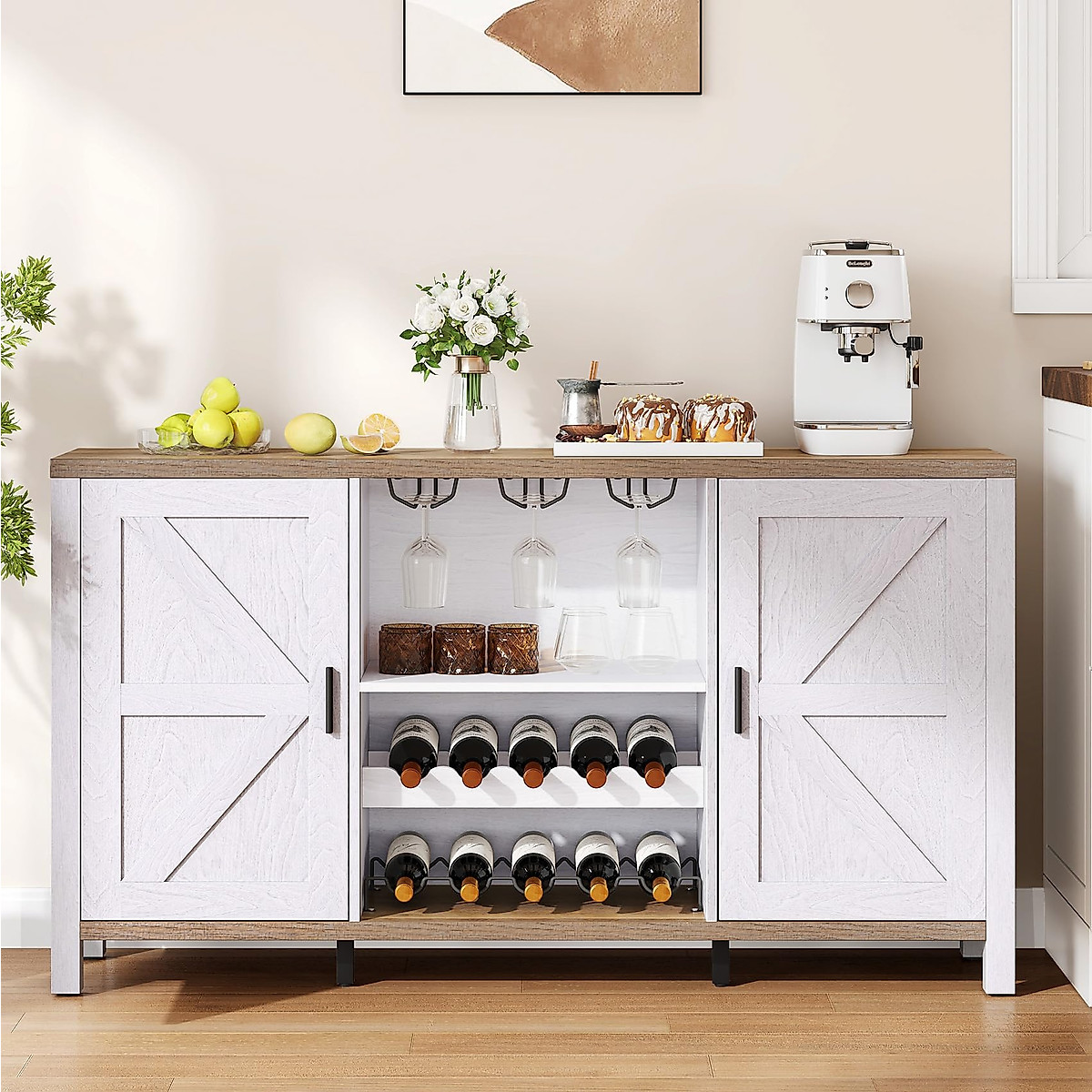 YITAHOME Farmhouse Coffee Bar Cabinet, Barn Doors Liquor Cabinet with Storage, 55'' Sideboard Buffet Kitchen Storage Cabinet with Wine Racks and Glass Holders for Kitchen, Dining Room, Antique White