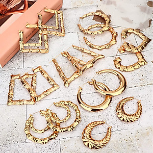 sailimue 8 Pairs Bamboo Earrings for Women Large Different Shape Bamboo Hoop Earrings Set Chunky Silver Gold Big Hoop Earring Hip-Pop Style Fashion Custom Jewelry Party Accessory