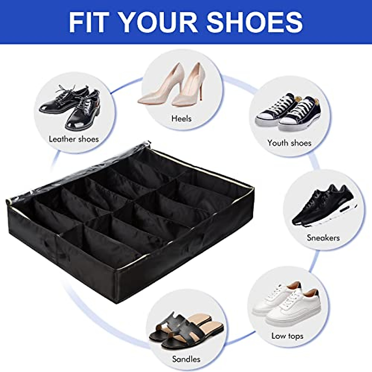 Surblue Under Bed Shoe Organizer Storage Bag with Transparent Skylight and Zippered,36 Pairs,Black 3 PCS