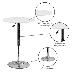 Flash Furniture Pearl 23.75'' Round Wood Dining Table with Chrome Base, Narrow Round Wood Cocktail Table, Adjusts 26.25'' - 35.75"H, White/Silver