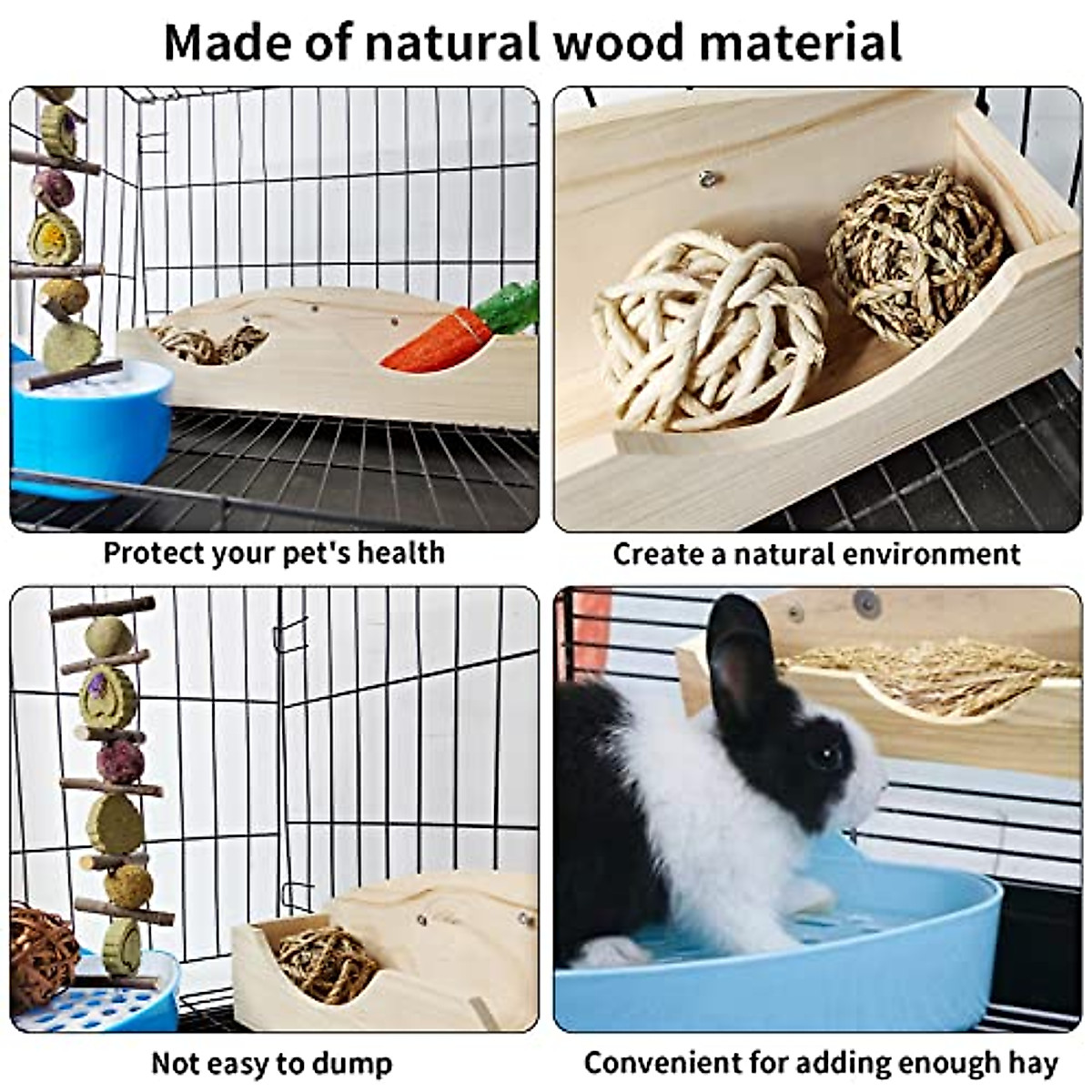 Hamiledyi Rabbit Hay Feeder Rack Bunny Grass Holder Wooden Food Feeding Manger with 3 Kinds of Grass Balls Less Wasted Hanging Hay Dispenser for Guinea Pigs Gerbil Chinchillas Squirrels Ferret