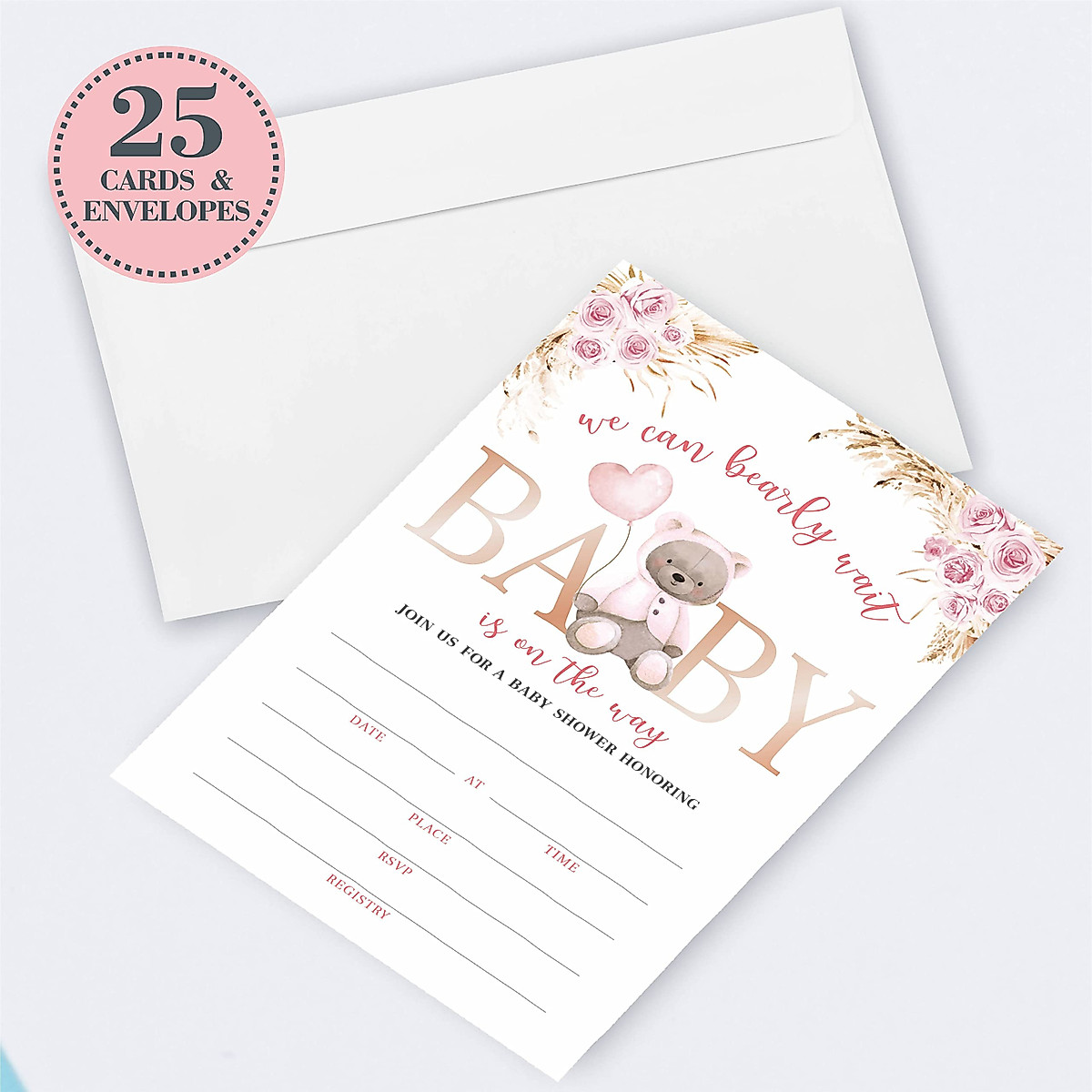 JCVUK Set of 25 Baby Shower Invitations with Envelopes, Diaper Raffle Tickets and Baby Shower Book Request Cards,Bear Theme Babyshower Party For Boys or Girls(YQKTZ-B14)