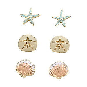 Rosemarie Collections Women's Beach Stud Earrings Set of 3 Starfish Sand Dollar Shell (Enamel Colors)