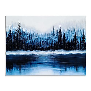 YHSKY ARTS Pine Tree Canvas Wall Art with Textured - Big Black and Blue Nature Paintings - Abstract Forest Pictures for Living Room Bedroom Bathroom Decor