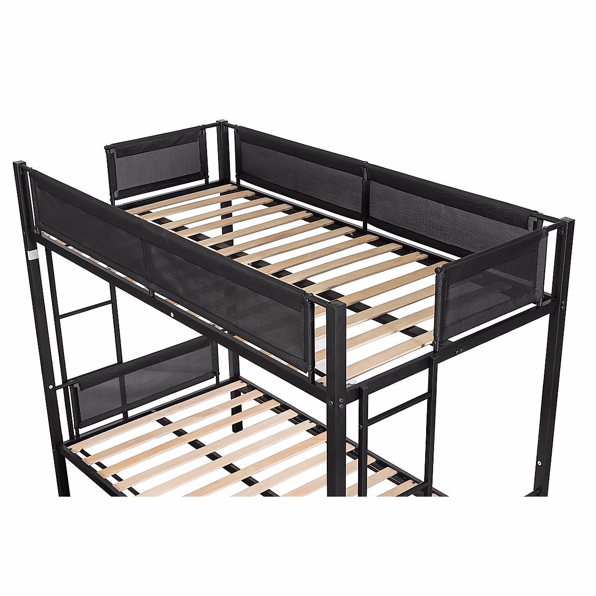 Harper & Bright Designs Metal Bunk Bed Twin Over Twin with Trundle, Heavy Duty Bunk Beds with Texteline Guardrails and Wood Slats, Twin Bunk Bed for Kids Boys Girls Dormitory Bedroom, Black