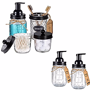 Amolliar 4PCS & 2PCS Black Mason Jar Bathroom Accessories Set- 3pcs Foaming Soap Dispenser&2pcs Qtip Holder Set&Toothbrush Holder-Rustic Farmhouse Decor Bathroom Organizer