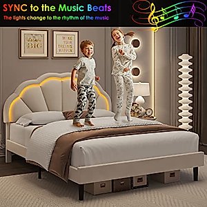 HIFIT Full Upholstered Smart LED Bed Frame with Adjustable Elegant Flowers Headboard, Platform Bed Frame Full Size with Wooden Slats Support, No Box Spring Needed, Easy Assembly, Beige