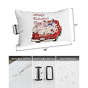 Happy Valentine's Day Red Truck Outdoor Pillows for Chaise Lounge Chair, Romantic Rose High Heels Waterproof Lumbar Head Support Pillow with Adjustable Elastic Band for Pool Patio Furniture Decorative