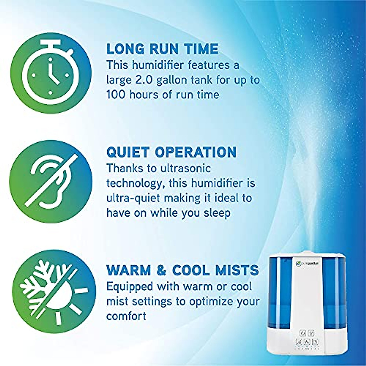 PureGuardian H5225WCA Ultrasonic Warm & Cool Mist Humidifier, 100 Hrs. Run Time, 2 Gal. Tank, 560 Sq. Ft. Coverage, Quiet, Filter Free, Silver Clean Treated Tank, Essential Oil Tray, White/Blue