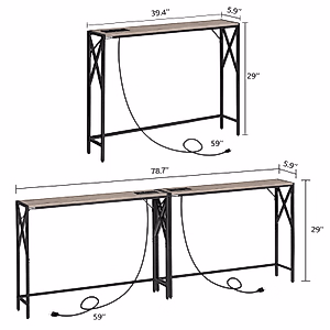 MAHANCRIS 2 Pack Sofa Table with Charging Station, 39.4” Console Table, Narrow Entryway Table, Slim Hallway Table, Retro Couch Table, for Entrance, Foyer, Living Room, Hallway, Greige CTHG151E01S2