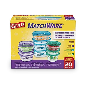 GladWare Matchware Food Storage Containers, 20 pc Value Pack Rainbow Kitchen Storage Containers | Glad Lock Tight Seal, BPA Free Lunch Containers, Glad Plastic Food Containers with Lids
