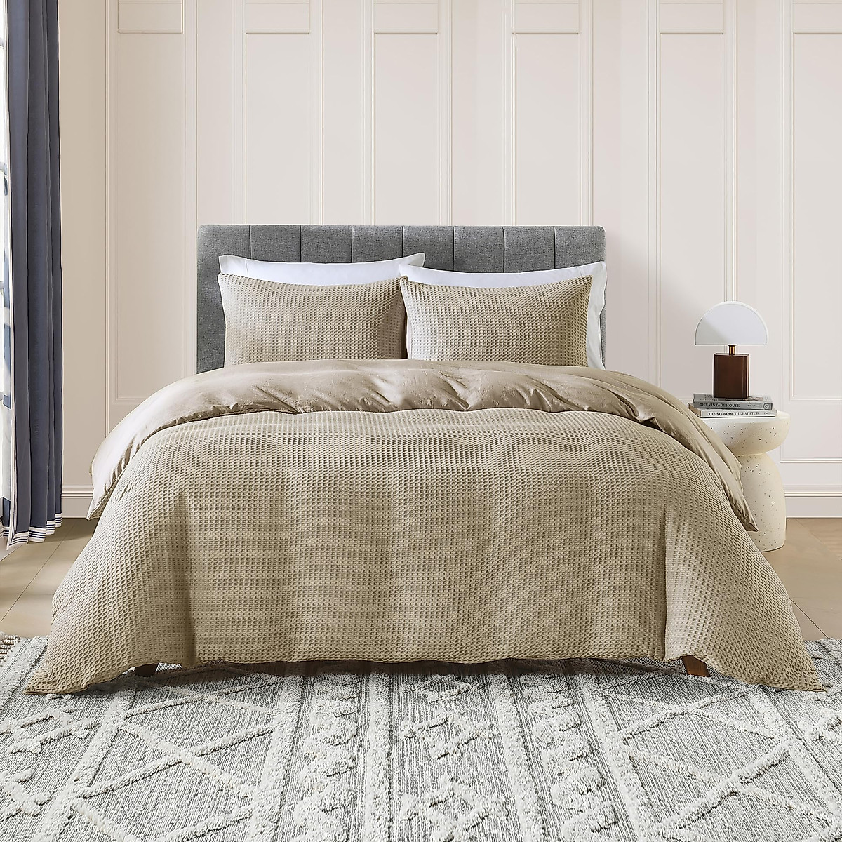Rosecret Cotton Waffle Duvet Cover Queen, Blend Viscose Derived from Bamboo, Soft Breathable Comforter Cover with Pillow Shams for All Seasons, Khaki