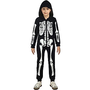 Bordazor Kids Skeleton Costume Glow in The Dark One-Piece Skeleton Hoodie for Halloween (8-10 Years)