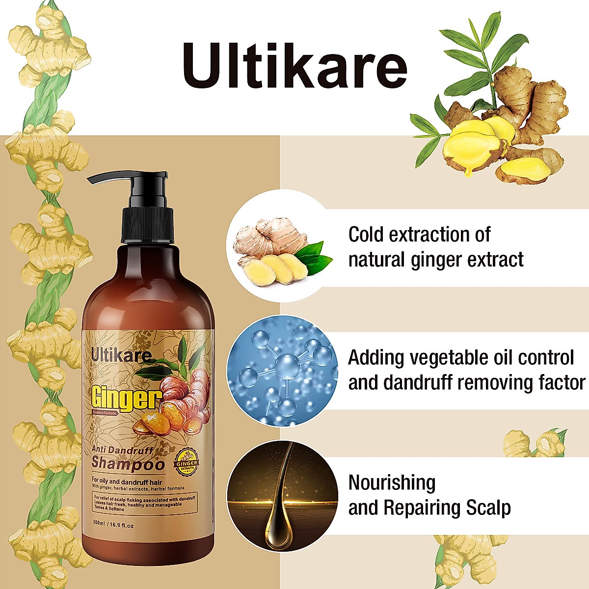 Ultikare Ginger Shampoo for Dandruff Hair, Anti-Dandruff Treatment - Itchy Dry Scalp Care Shampoo Ginger Extract Oil Strengthen Hair Formula, for Men and Women