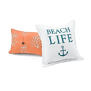 Lush Decor Coastal Reef Feather Reversible Quilt Set, 5 Piece Set, Twin/ Twin XL, Blue & Coral - Beach Bedding Set - Coastal Twinxl Quilt Sets - Tropical Beach House Decor For Kids Or Teen's Dorm Room