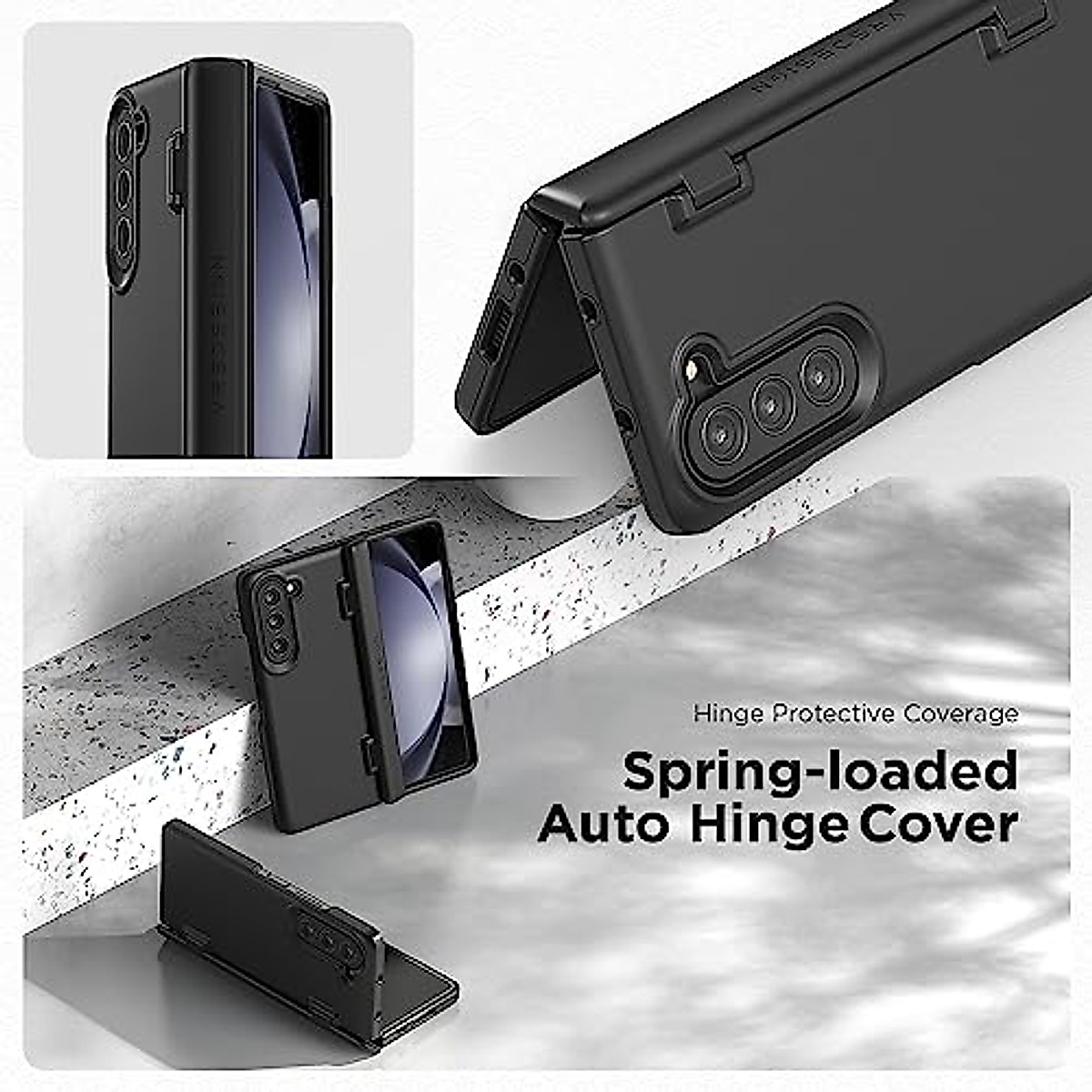 VRS DESIGN Phone Case for Samsung Galaxy Z Fold 5 5G (2023) [Simpli Fit Modern], Premium Modern Slim Style Spring-Loaded Hinge Cover Case with Tempered Glass Screen Protector (Matte Black)