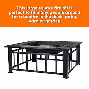 Zorestar 3 in 1 Metal Square Firepit (31.8"Dx31.8"Wx12.5"H-In) - Heavy-Duty & Portable BBQ Stove with Screen Cover & Poker - Wood Burning and Drink Cooling Fire Pit for Patio, Bonfire, Backyard, Deck