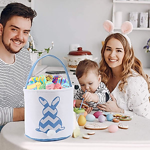 Cootato 2 Pack Easter Bunny Basket Bags for Kids, Stripe Rabbit Pattern Egg Basket Hunt Bags Personalized Canvas Cotton Bucket with Fluffy Tail for Easter Eggs, Candy, Gift (Multi-Stripe, Blue)