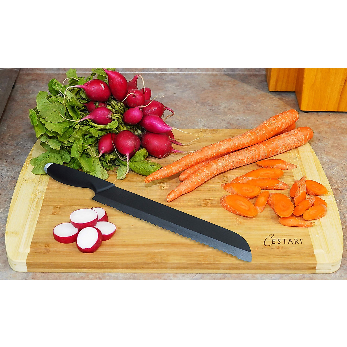 Cutting Board Set: Advanced Ceramic Serrated Bread Knife and Natural Bamboo Cutting Board - the Perfect Combination
