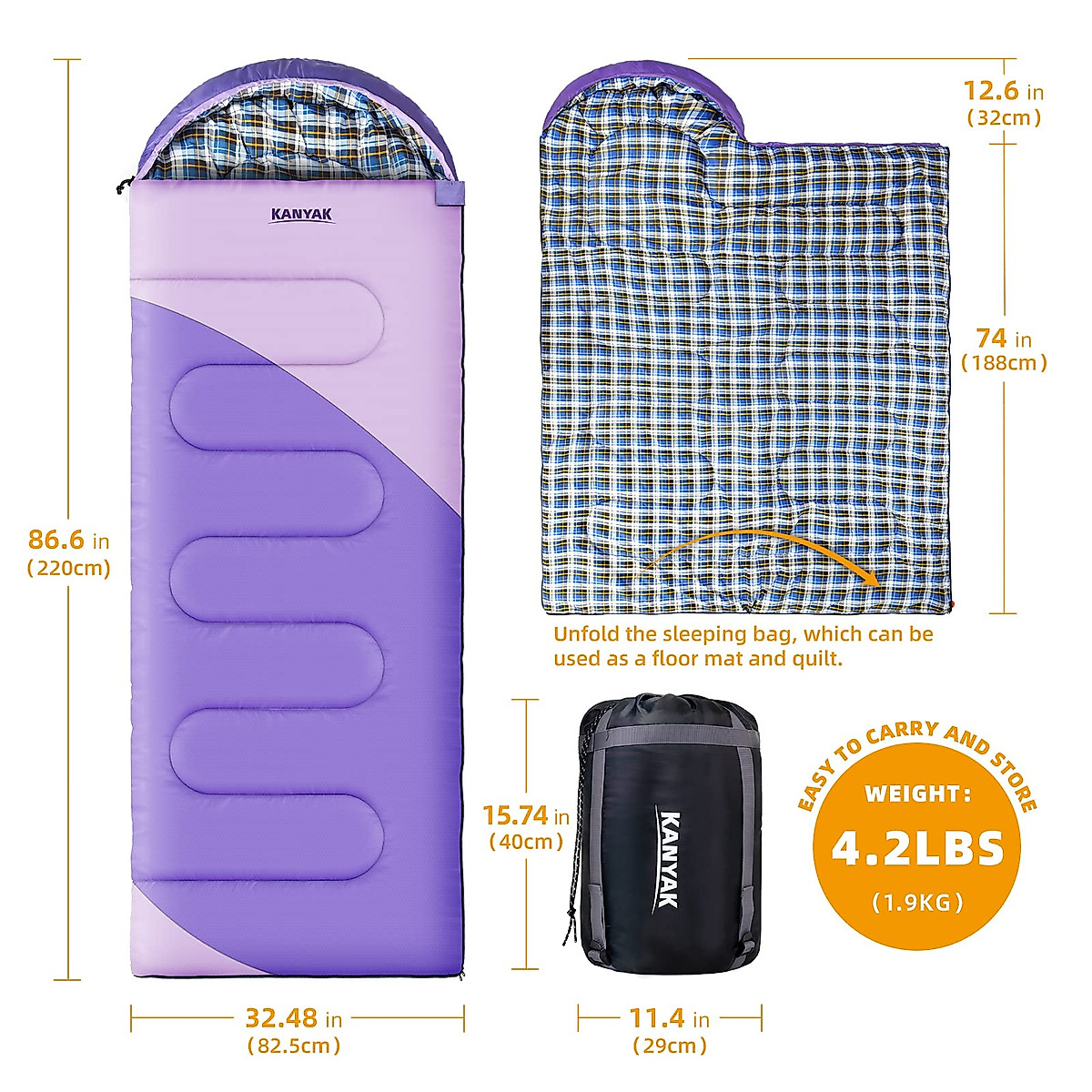 KANYAK Water-Resistant Portable Purple Sleeping Bag for Adults Teens and Kids, Perfect Outdoor Companion for 3-4 Season Hiking，Hunting，Camping and Backpacking