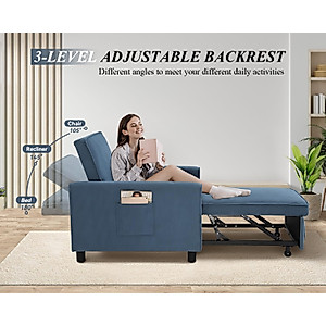 SEJOV Convertible Sofa Bed, 3 in 1 Couch Pull-Out Bed, Loveseat Sleeper Sofa Bed with 3 Adjustable Backrest, Recliner with Throw Pillow, Small Space for Living Room, Apartment, Bedroom, Blue