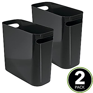 mDesign Plastic Small Trash Can, 1.5 Gallon/5.7-Liter Wastebasket, Narrow Garbage Bin with Handles for Bathroom, Laundry, Home Office - Holds Waste, Recycling, 10" High, Aura Collection, 2 Pack, Black
