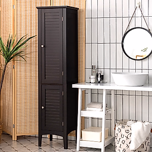 Tangkula Tall Bathroom Storage Cabinet, 5-Tier Wooden Freestanding Tower Cabinet, Narrow Storage Floor Cabinet w/2 Doors & Shelves for Bathroom Living Room Kitchen (Brown)