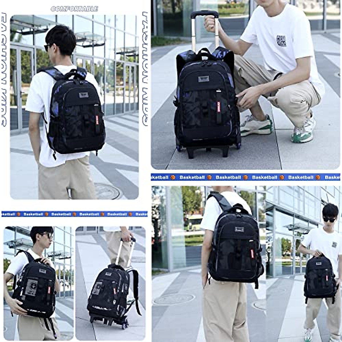 Camo Boys Rolling Backpacks for Kids School, Capacity Wheeled Bookbags Elementary School Bags Back Packs with 6 Wheels