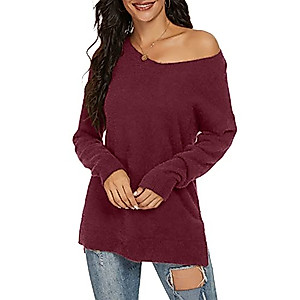QIXING Women's Casual V-Neck Long Sleeves Side Split Loose Fit Fuzzy Knit Pullover Sweater Tops Wine Red-Small