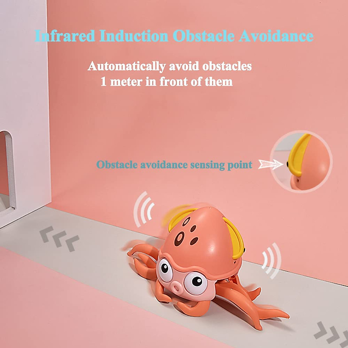 Crawling Octopus Toy with Music and LED Light Up,Electric Dancing Musical Octopus Toys with Automatically Avoid Obstacles,USB Rechargeable, Fun Moving Toy for Babies,Toddlers and Kids (Octopus-Orange)