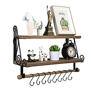 Halcent Floating Shelves Wall Mounted Storage Shelves, 2-Tier Rustic Farmhouse Wood Wall Shelf Kitchen Spice Rack Bathroom Shelf with Towel Bar and 8 Hooks
