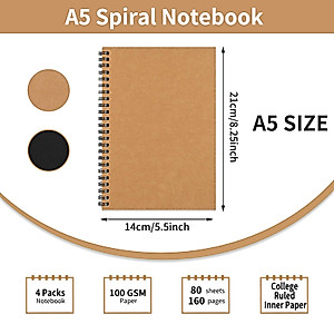 EOOUT 4 Pack Spiral Lined Notebook, Ruled Journals Notebooks, Soft Cover Notebook, 80 Sheets, 160 Pages, Lined Paper, 5" x 8", for Gifts, Office, School Supplies