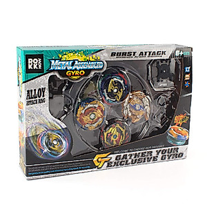 ROKK NOW Metal Fury | Bey Battle Burst Gyro Attack Metal Spinning Tops with Starter Battle Arena, Launchers & Includes 4 Battling Metal Gyro Blades for Adults & Children, Boys & Girls (26A)