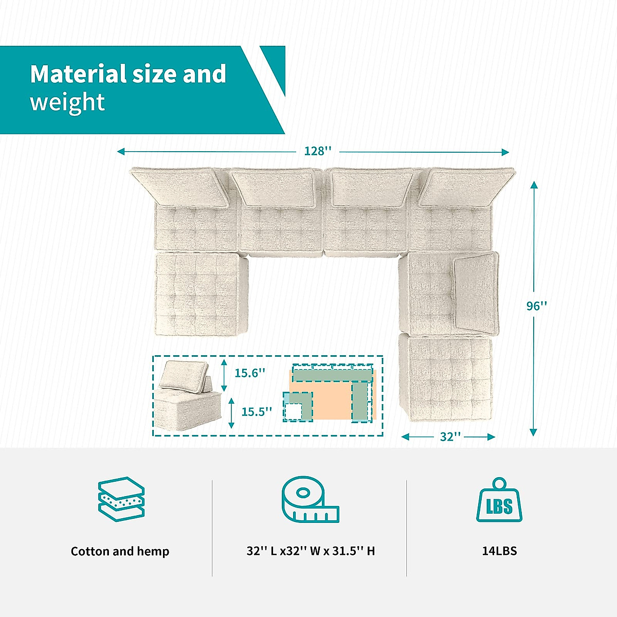 BALUS Modular 7 Seater Sofa Couch, Modern Sectional Sofa Couch, Armless Floor Sofa Couch, Soft Fabric Sofa Bed for Bedroom, Living Room and Sturdy Room, Free Combination, 7 PCS Beige