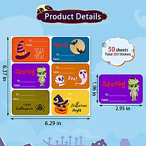Lucleag 300PCS Halloween Tags Stickers for Wrapping, Self Adhesive Halloween Pumpkin Ghost Bat Spider Witch Hat Gift Stickers Wrap Tags for Halloween Presents Holiday Decorations