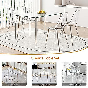 Ufurpie 5 Piece Glass Dining Table Set,47" Kitchen Table and Chairs for 4,Clear Dining Room Table Sets w/Silver Chrome Legs,Modern Dining Room Sets for Home, Kitchen, Dining Room(Silver)