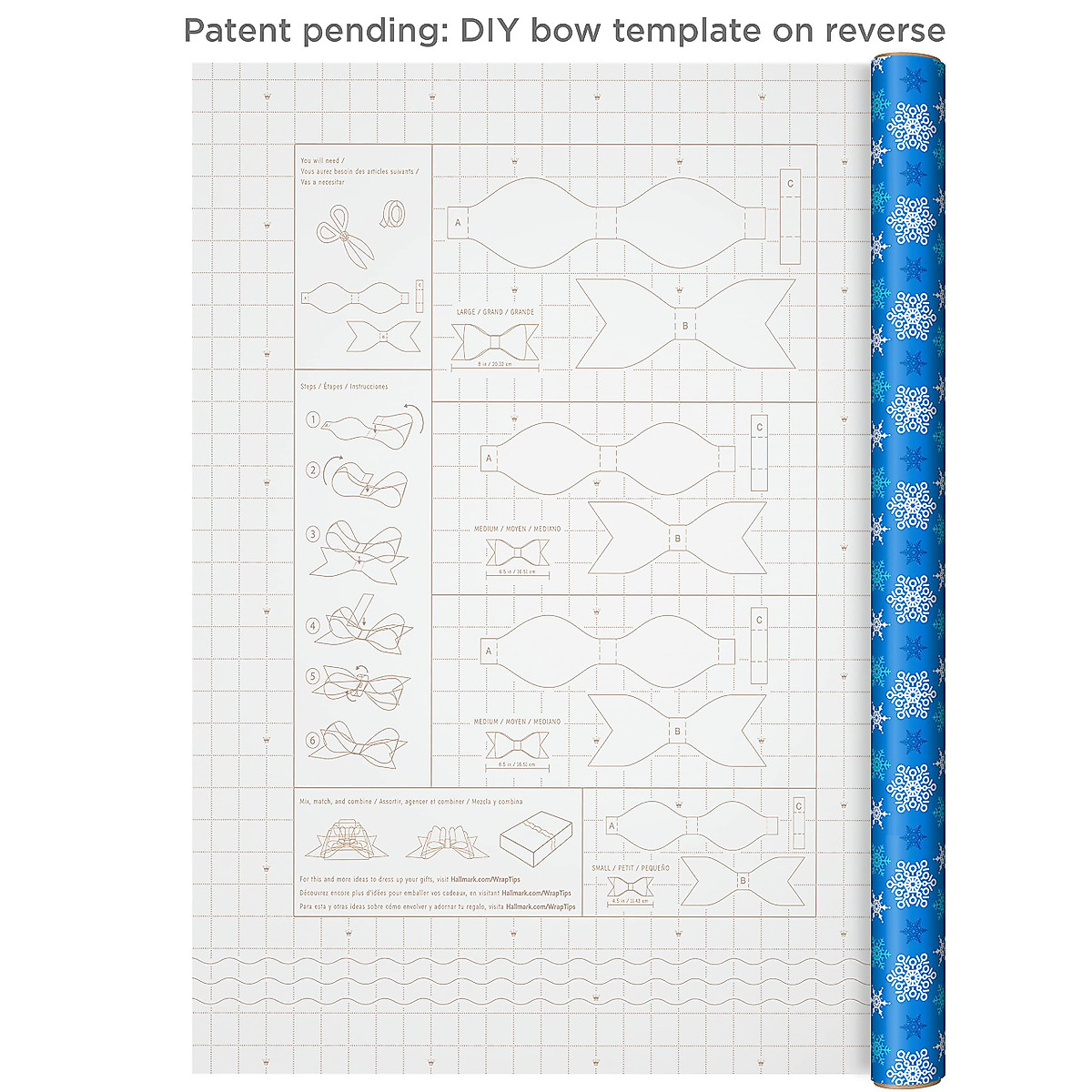 Hallmark Holiday Wrapping Paper with DIY Bow Templates on Reverse (3 Rolls: 120 sq. ft. ttl) Blue and White Snowflakes, Stripes, Solid Blue for Christmas, Hanukkah, Weddings, Birthdays