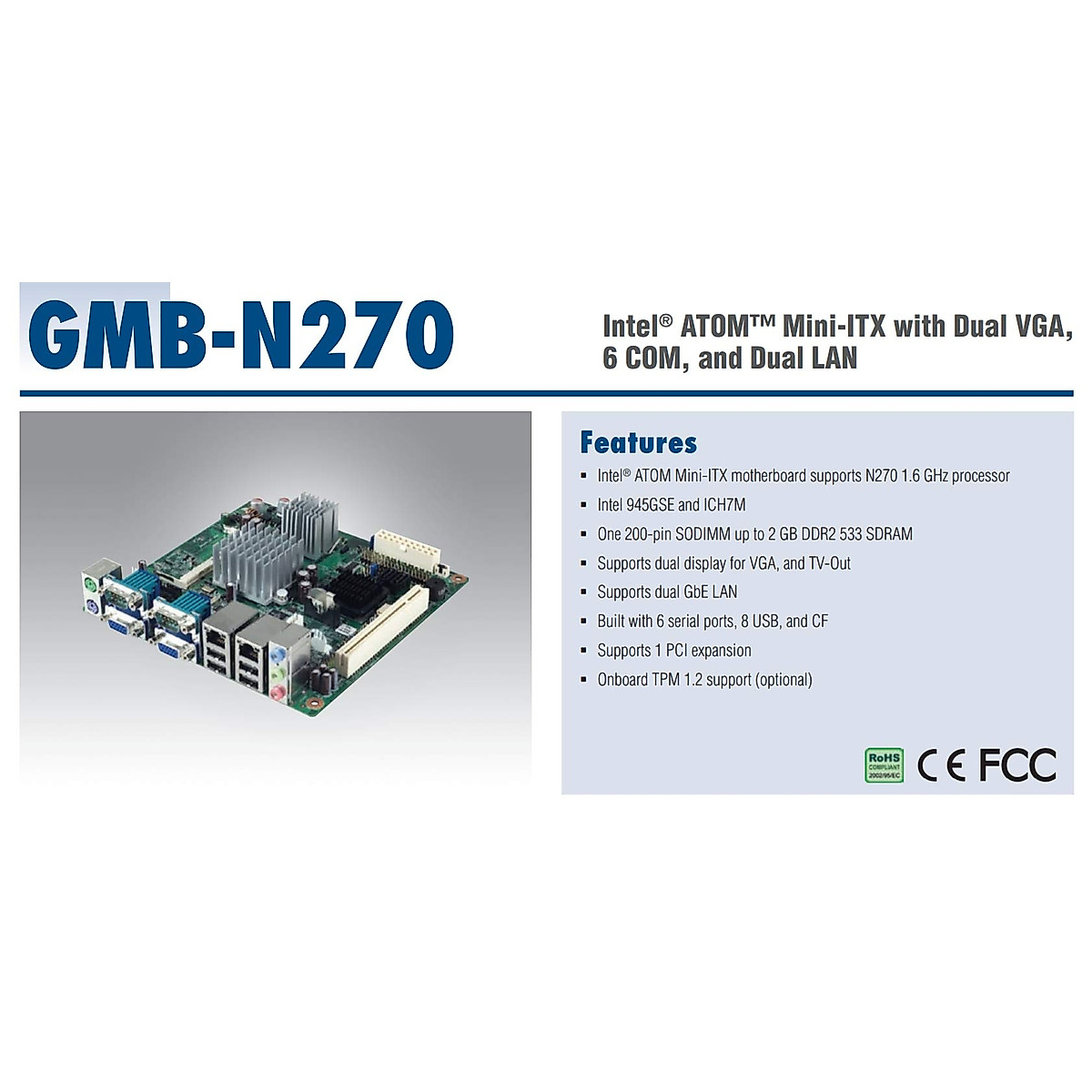 (DMC Taiwan) Intel Atom Mini-ITX with Dual VGA, 6 COM, and Dual LAN Ports