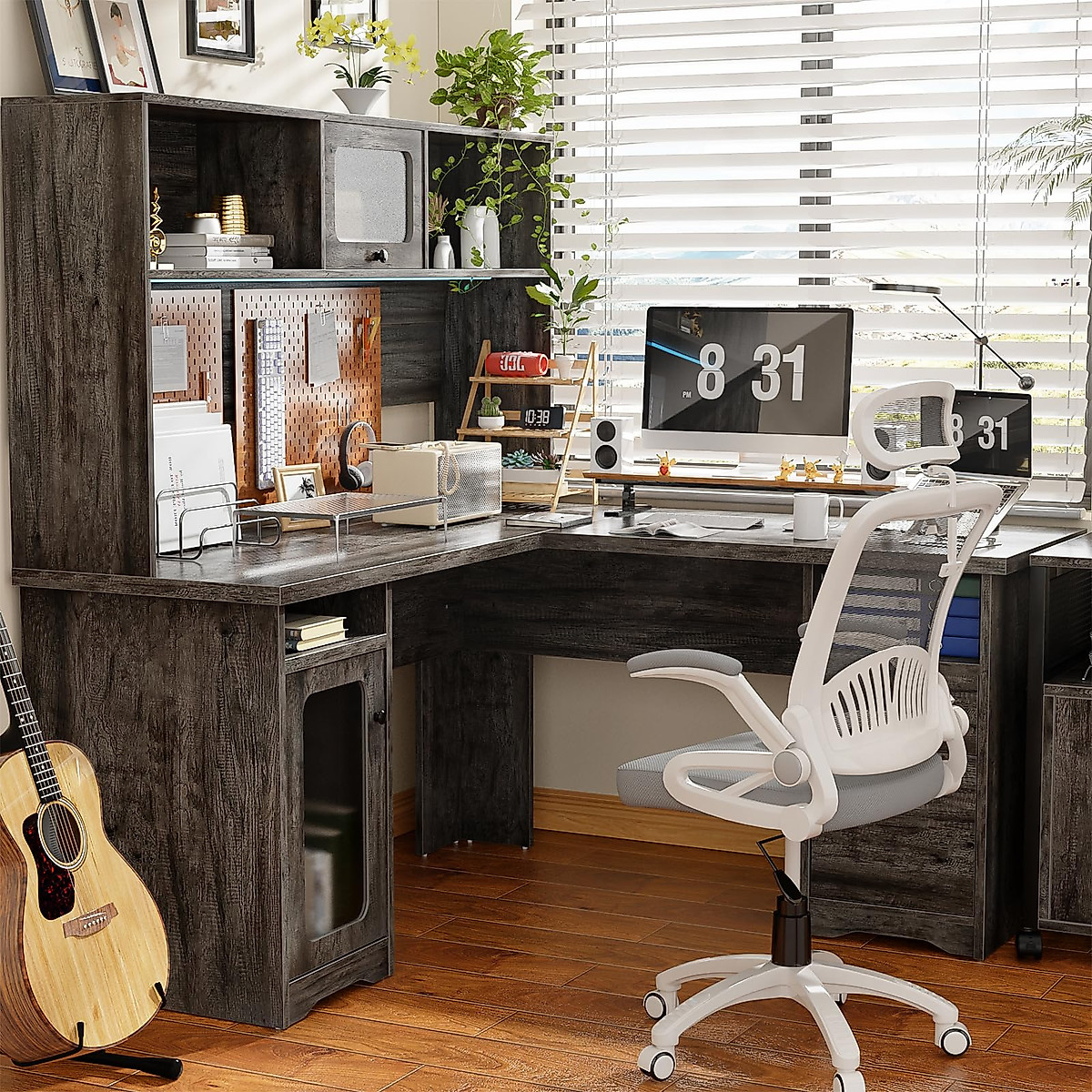 Unikito Office Desk with Drawers and Hutch, Large L Shaped Computer Desk with Power Outlet and LED Lights, 60 Inch Modern Corner Desk with File Cabinets, Sturdy 2 Person Home Office Table, Gray Oak