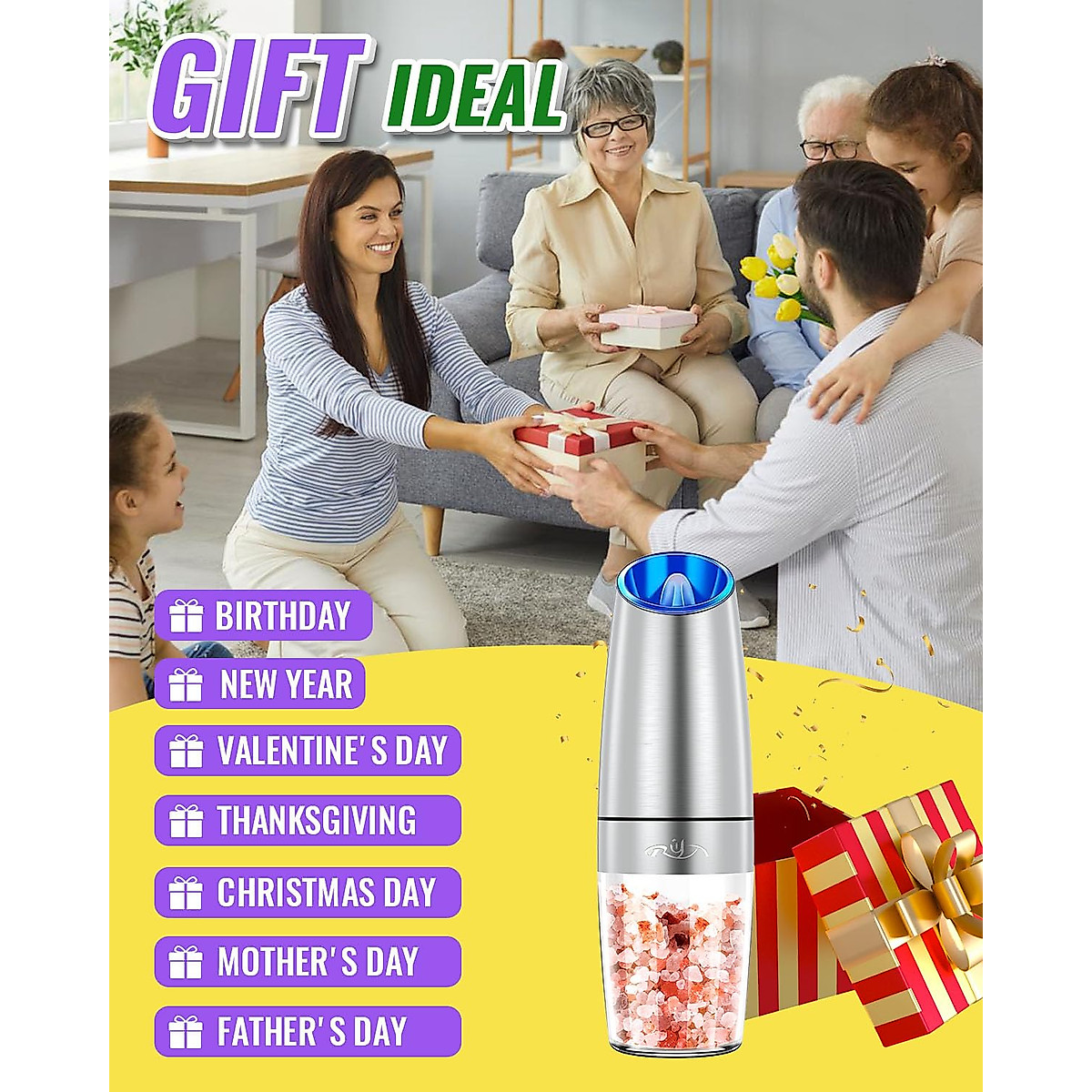 Rongyuxuan Gravity Electri Salt and Pepper Mill Set,Pepper Grinder with Ceramic Rotor,Acrylic Container,Stainless Steel Middle,Blue LED Light,Battery Powered,Adjustable Coarseness,One Hand Use,Sliver