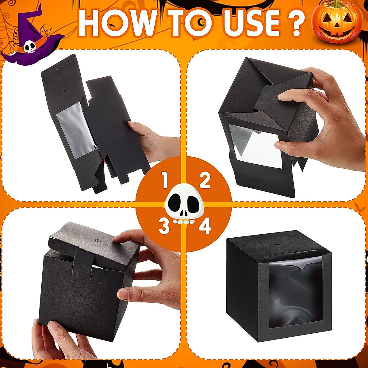 50 Sets Halloween Kraft Candy Apple Boxes with Hole Stick and Ribbons 4x4x4'' Window Clear Favor Boxes Candied Cake Cookies Chocolate Caramel Apple Boxes Gift Treat Boxes for Wedding Party (Black)