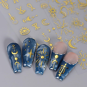 8 Sheets Gold Nail Sticker 3D Self-Adhesive Nail Decals Art Unique Moon Sun Stars White Cloud Snake Design Nail Art Sticker Decoration for Women Manicure Tips Acrylic Nails DIY Nails Art Supplies