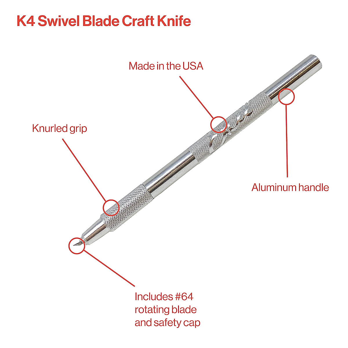 Excel Blades K4 Swivel Craft Knife with #64 Rotating Blade, Lightweight Aluminum Sharp Hobby Knife, Carving, Crafting Supplies Precision Cutting Tool.